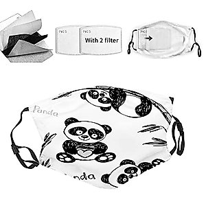 SARNFANS Panda Adult Reusable Face Mask,Happy Animal Bamboo Branch Painting,5-Ply Breathable Safety Unisex Adults Fashion Facial Face Masks for Women Men,Black White