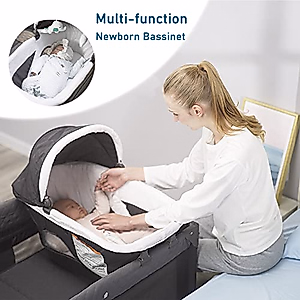 Pamo Babe Portable Crib for Baby, 4 in 1 Baby Nursery Center, Baby Playard with Changing Table, Bassinet and Mattress(Grey）