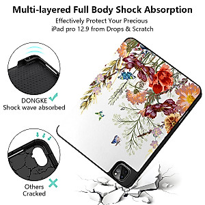 DONGKE Floral Design Case for iPad Pro 12.9 inch 6th, 5th, 4th, 3rd Gen with Pencil Holder, Auto Wake/Sleep, and Stand