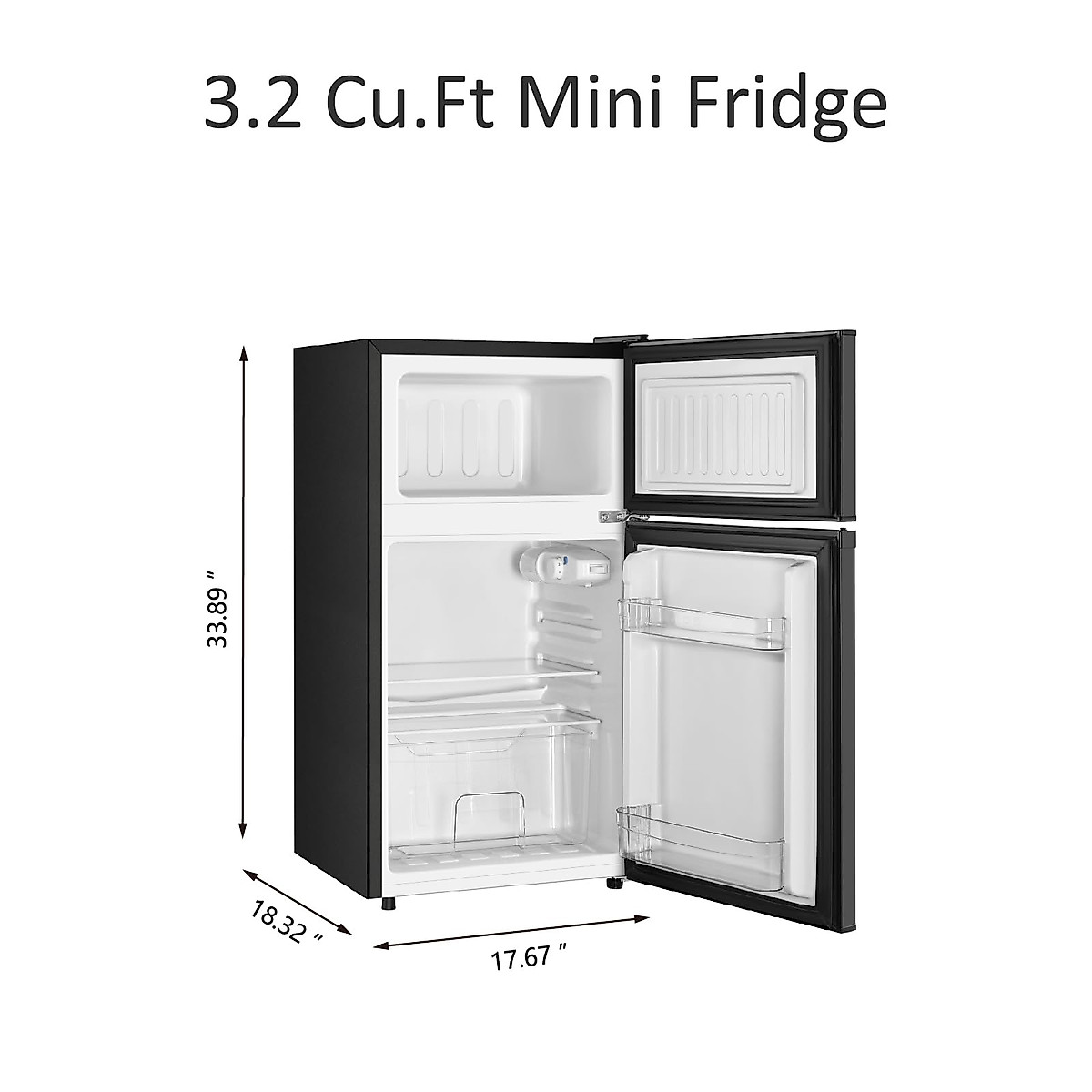 Saeoola Mini Fridge with Freezer, 3.2 Cu.Ft, 2 Doors Compact Mini Refrigerator with Separate Freezer for Dorm, Bedroom, Office, Apartment with 7-Level Temperature Control, Removable Shelves (Black)