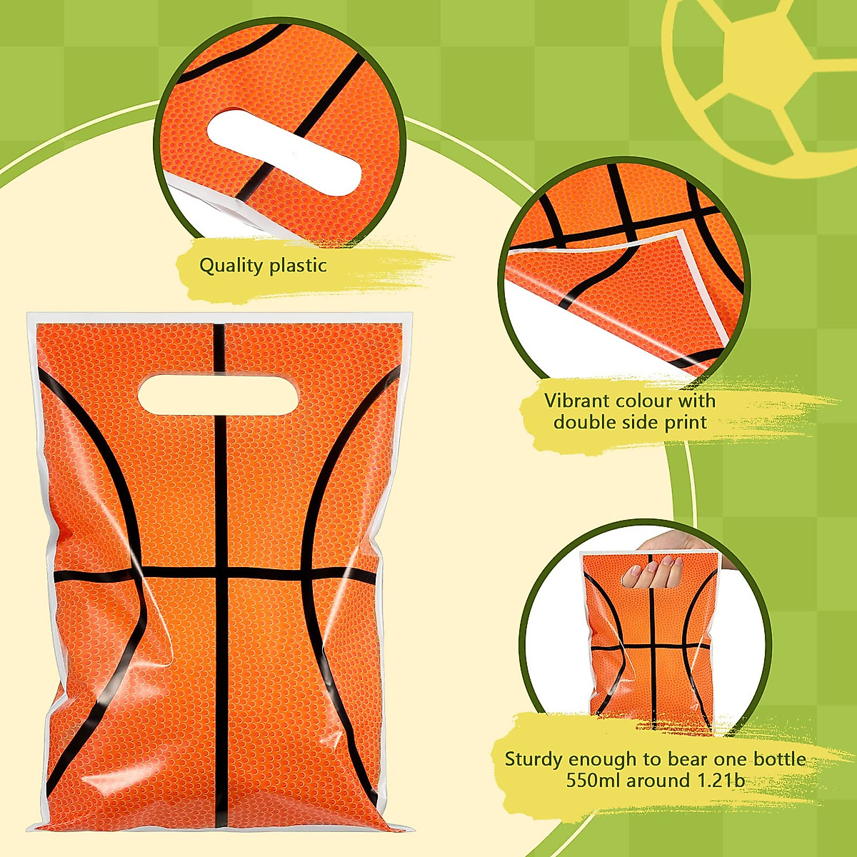 100 Pcs Football Sports Party Favor Bags Soccer Candy Gift Bags, Plastic Goodie Treat Bags Bulk with Handles for Baseball Basketball Theme Event Gift Bag Birthday Supplies Decorations