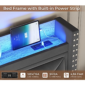 AOGLLATI Queen Bed Frame with Tall Storage Headboard, Bed Frame Queen Size with Charging Station,Upholstered Led Queen Size Bed Frame with Wooden Slats Support, No Box Spring Needed, Dark Gray