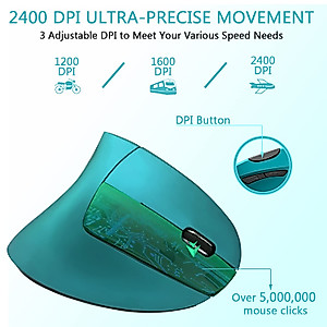 Mcpiwohy Ergonomic Mouse, Optical Vertical Mouse Rechargeable USB Mouse 2.4GHz Wireless Mouse with 6 Buttons,3 Adjustable 1200/1600/2400 DPI for Laptop, Desktop, PC, MacBook (Blue)