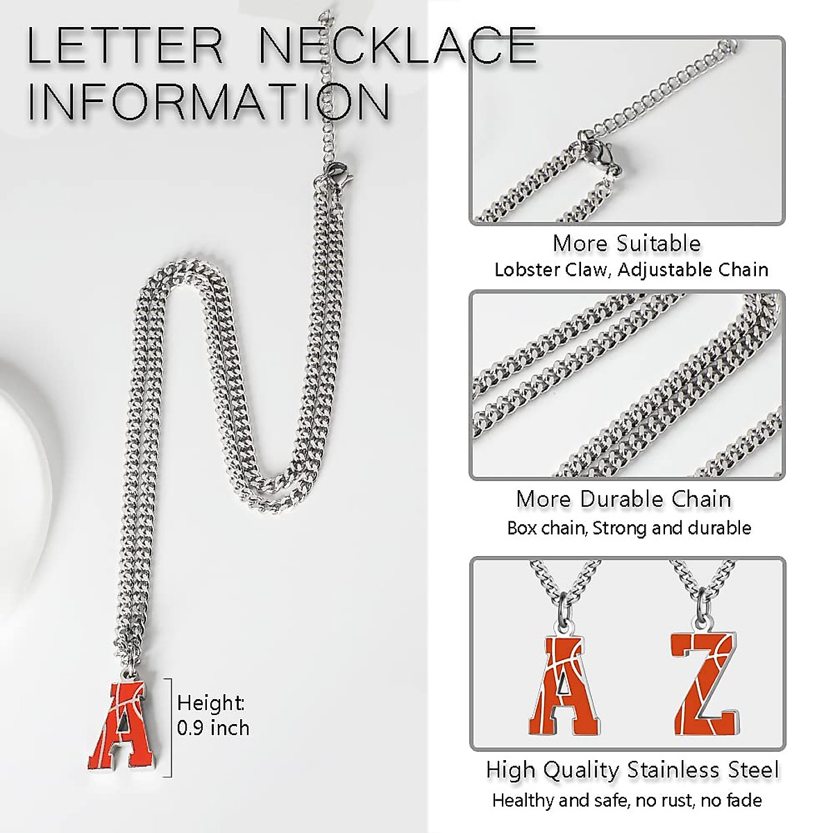 AIAINAGI Basketball Initial A-Z Letter Necklace for Men Basketball Charm Pendant Stainless Steel Silver Chain 22 inch Personalized Basketball Gift for Men(J)