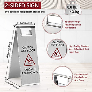 LEIFIDE 4 Pcs Stainless Steel Wet Floor Caution Sign Bulk 8.8 Pound Portable Foldable Handle Bilingual Safety Sign for Kitchen Restaurant Shop commercial Use Avoid Fall and Slip Accident(4 Pcs)