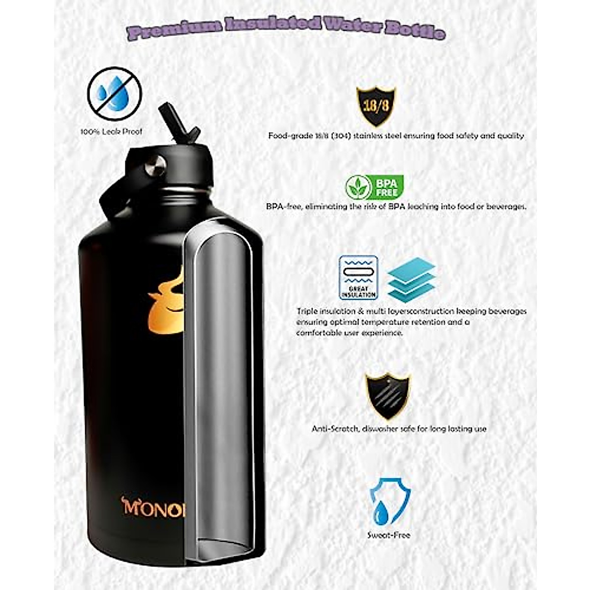 Monohydro 1 gallon Water Bottle, 128 oz Stainless Steel Water Jug double wall Insulated water bottle w lids Leakproof, Paracord Handle, pocket Carrying Pouch -Black