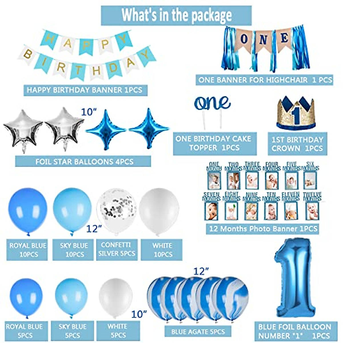 JOYYPOP 1st Birthday Boy Decorations 66PCS Blue 1st Birthday Decorations for Boy with 12 Months Photo Banner, 1st Birthday Baby Crown, Cake Topper, 1st Birthday Highchair Banner