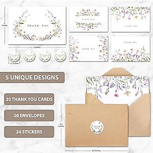 Generic Floral Thank You Cards With Envelopes (bulk 20-4x6) -Wildflower Thank You Notes With Envelopes -Perfect for Birthday, Wedding, Bridal Shower And Baby Shower, white