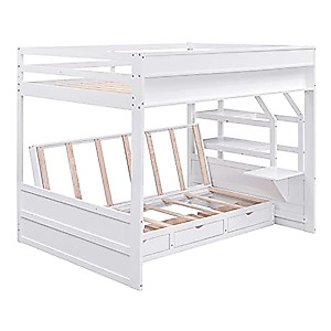 SOFTSEA Full Over Futon/Full Bunk Bed with Storage Staircases, Convertible Couch and Bed with Drawers, Wood Bunk Bed Frame for Kids Teens, No Box Spring Needed (White)