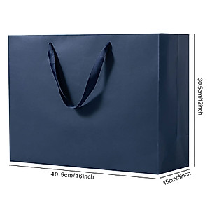 Katfort Large Navy Blue Gift Bag with Handles 12 Pack, 16''×6''×12'' Extra Large Gift Bag with Ribbon Handles, Reusable Heavy Duty Kraft Paper Bags Bulk for Shopping, Wedding, Party, Gift, Retail