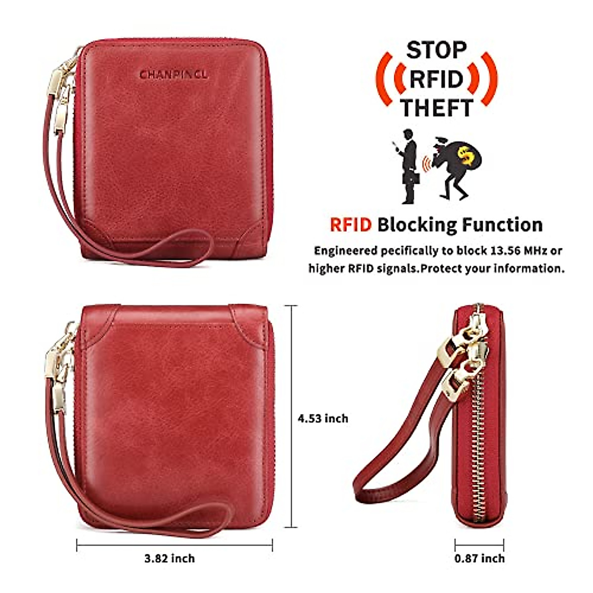 MANBANG RFID Wallets for women Genuine Leather Zipper Purses Secure Large Capacity Multi-card Wallets Clutch Travel Wristlet (Red)