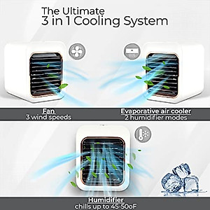 Airtic Mini Portable Air Cooling Fan, Personal Cooler, 3 Wind Speeds 2 Evaporative LED Light, Rechargeable Battery 4-16H, Small Fan for Office Desk Camping Tent Bed, White, 5.1 x 5.7 6.3