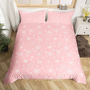 Erosebridal Pink Christmas Duvet Cover Queen Girly Romantic Snowflake Bed Sets Princess Winter Comforter Cover Girls Modern Style Bedding Set Bedroom Decor Pink Floral Bedding Set & 2 Pillowcases