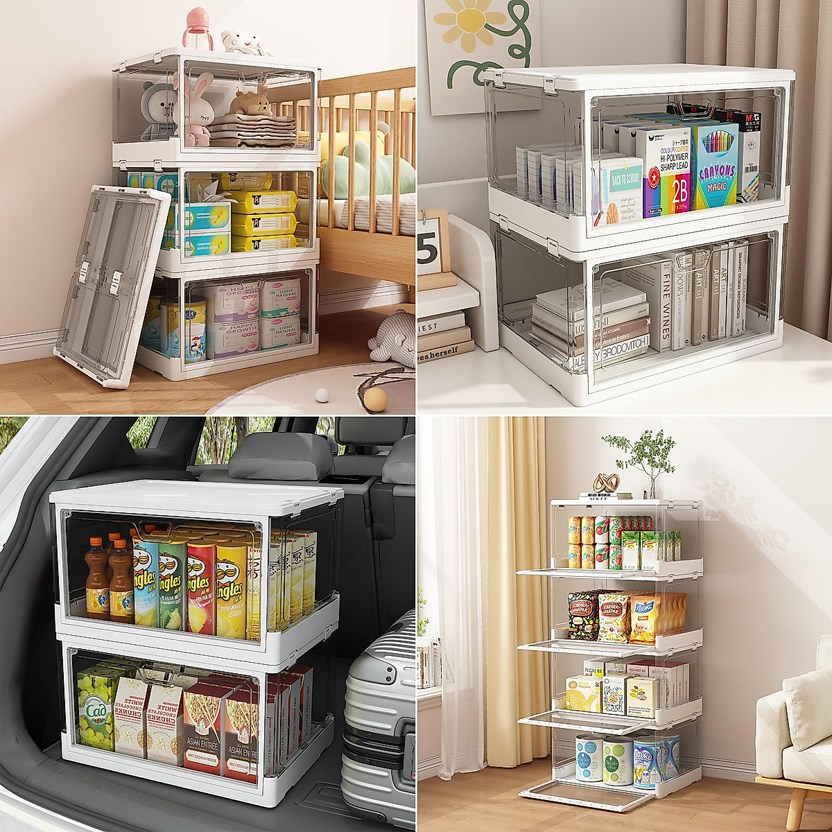 HYBRIDEAS 3-Pack Clear Stackable Storage Bins with Lids Magnetic Doors Open Front Foldable Folding Plastic Craft Containers Large Closet Organizers Box for Bedrooms Living Rooms Study Kids' Toys 24 QT