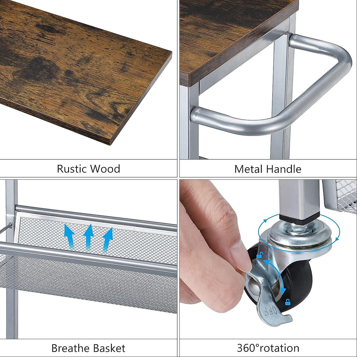 NANANARDOSO Slim Rolling Cart, Narrow Cart with Wood Top, 7.3'' Deep, Metal Handle and Wire Mesh Kitchen Cart for Narrow Space on Kitchen, Bathroom, Silver.