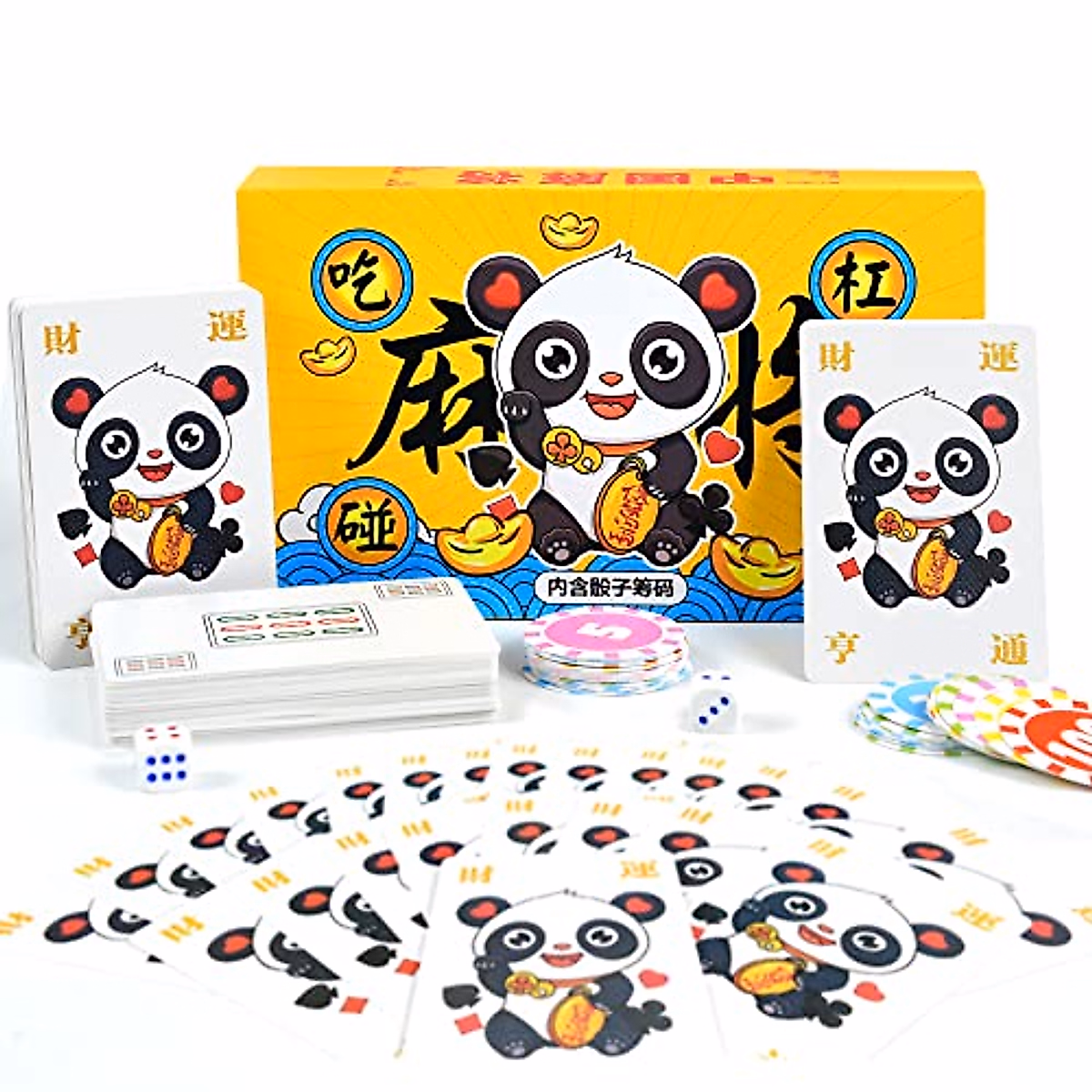 Sishynio Mahjong Cards Gift Set, Mah-Jongg Playing Cards with Dice & Chips, 2023 Handheld Cartoon Majiang Game, Classical Chinese Table Game, for Leisure Time Party Traveling Gifts (Pattern of Panda)