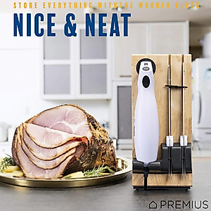 SERRATED CARVING ELECTRIC KNIFE SET By Chef PRO, With Wooden Storage Block, 2 Interchangeable Stainless-Steel Blades, Precise Cutting and Carving of Meats, Fruits, Breads, Comfortable Design, White