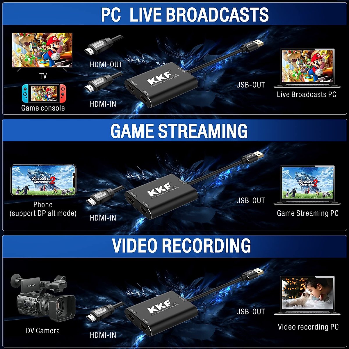KKF 4K HDMI Capture Card, 1080P 60FPS Video Capture Card for Streaming and Recording of PS5, PS4, Xbox Series X/S, Nintendo Switch via DSLR OBS with HD Ultra-Low Latency (USB A 3.0)