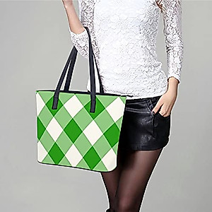 Womens Handbag Green White Plaid Pattern Leather Tote Bag Top Handle Satchel Bags For Lady