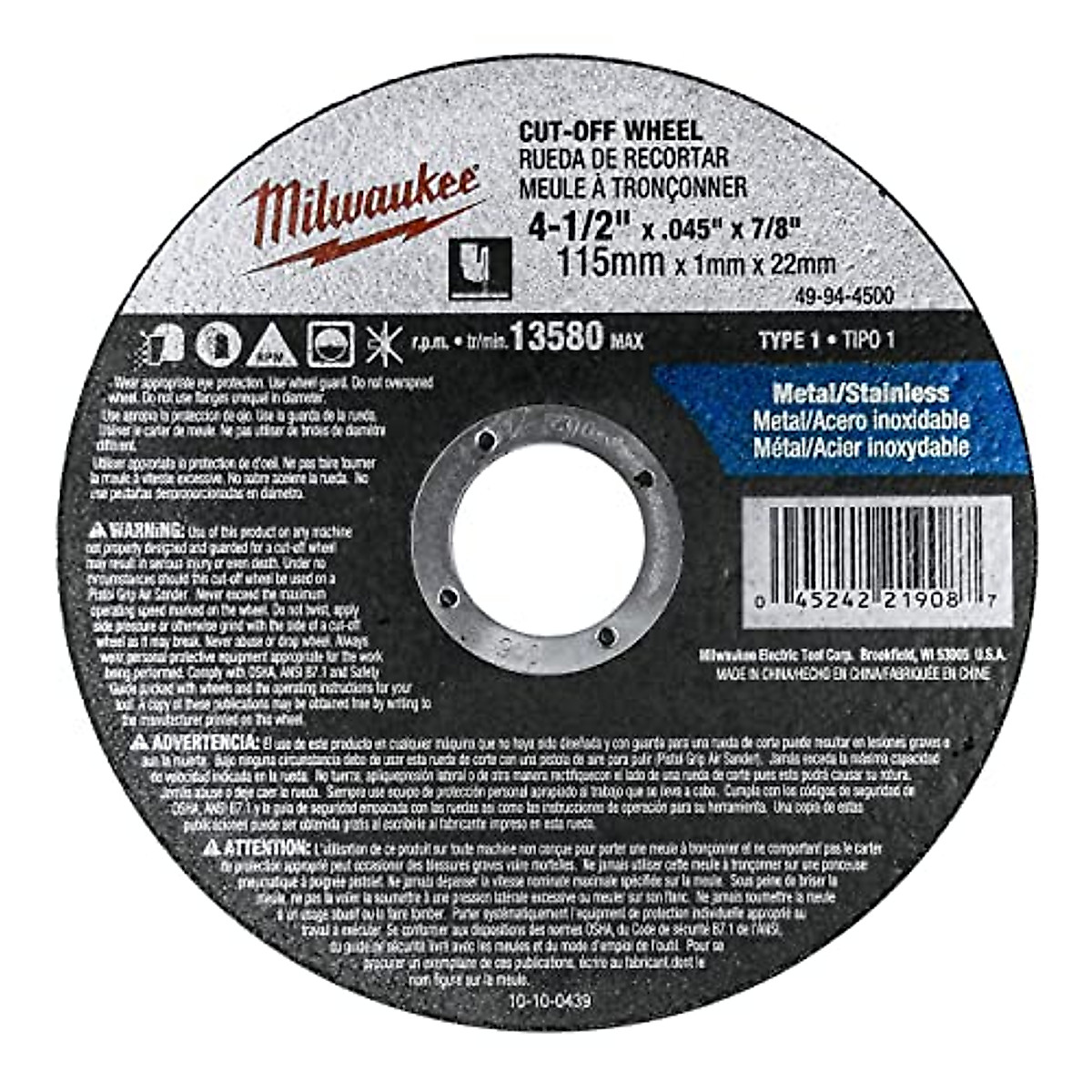 Milwaukee 10 Pack - 4 1 2 Cutting Wheels For Grinders - Aggressive Cutting For Metal & Stainless Steel - 4-1/2" x .045 x 7/8-Inch | Flat Cut Off Wheels