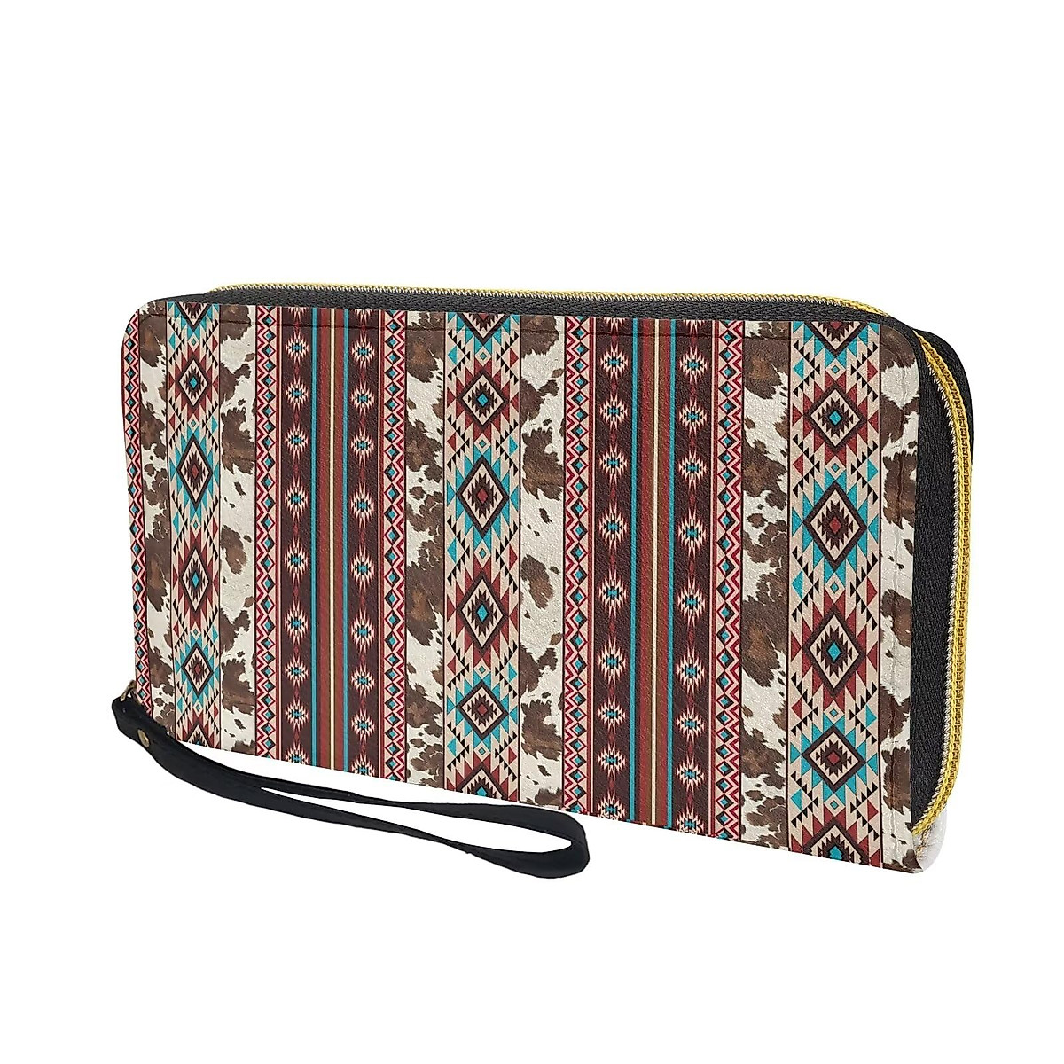 Wanyint Women Wallet with Wristlet Strap Aztec Native American Navajo Southwest Indian Tribal Stripe Print RFID Blocking Handbag Purse Leather Clutch Bag for Lady