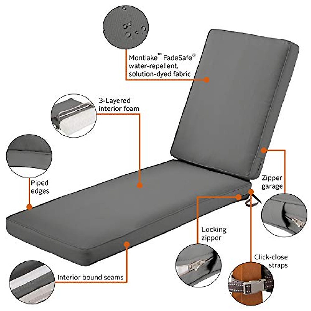 Classic Accessories Montlake Water-Resistant 74 x 23 x 3 Inch Outdoor Chaise Lounge Cushion, Patio Furniture Cushion, Light Charcoal, Outdoor Seat Cushions