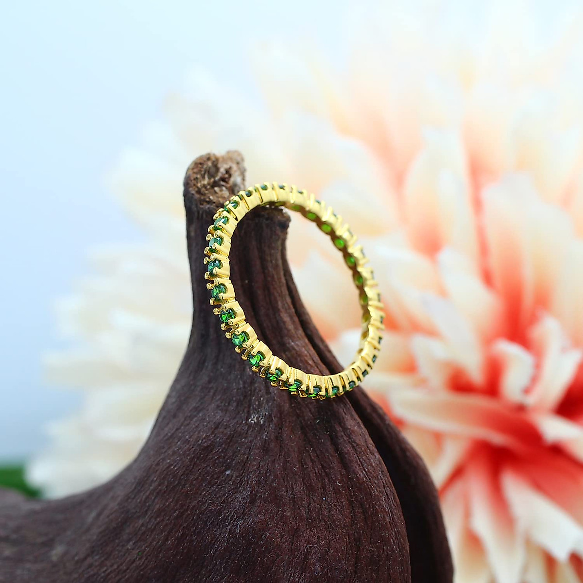 AFFY Round Cut Simulated Green Emerald Eternity Band Ring in 14K Gold Over Sterling Silver