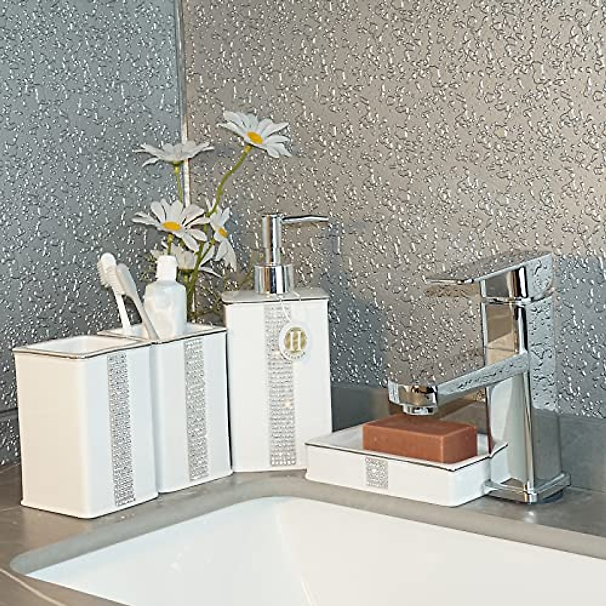 CAAHANJIA Bathroom Accessories Set 4 Pcs-Ceramic Gift Set Soap Dispenser Pump & Toothbrush Holder & Tumbler Cup & Soap Dish - Bathroom Home Decor Clearance, Countertop Vanity Organize (White01)