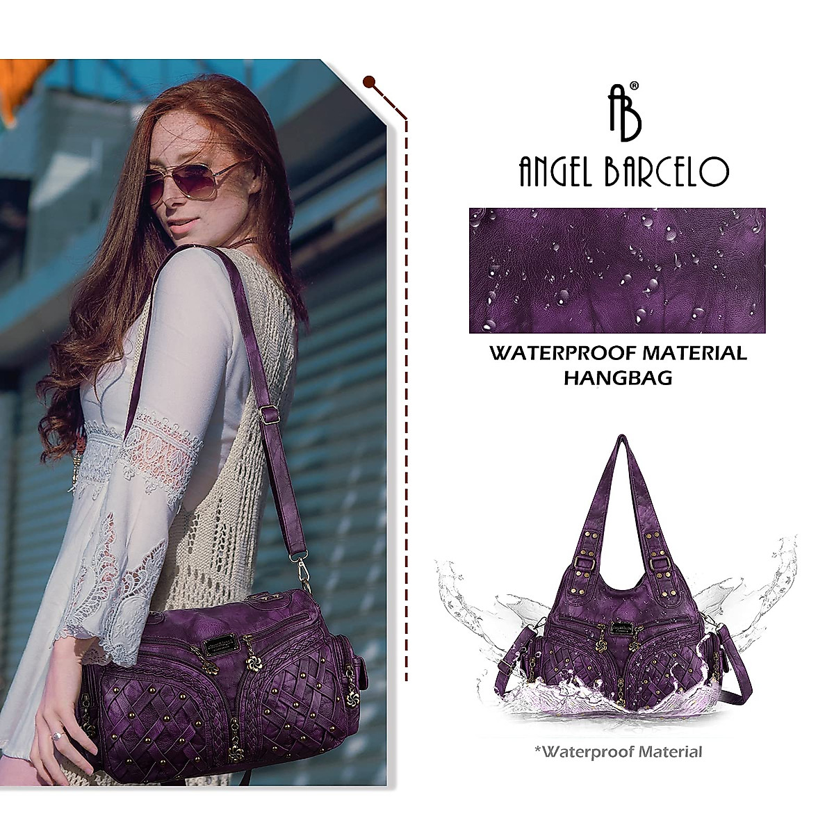 Angel Barcelo Roomy Fashion Hobo Womens Handbags Ladies Purse Satchel Shoulder Bags Tote Washed Leather Bag (Fashion Purple)