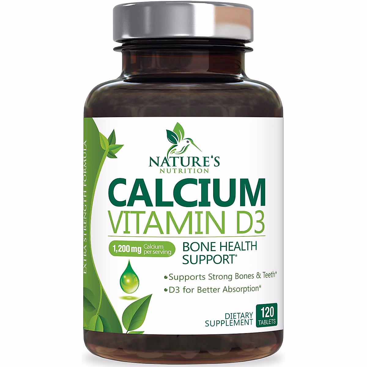 Calcium 1200 mg Plus Vitamin D3, Bone Health & Immune Support - Nature's Calcium Supplement with Extra Strength Vitamin D for Extra Strength Carbonate Absorption Dietary Supplement - 120 Tablets