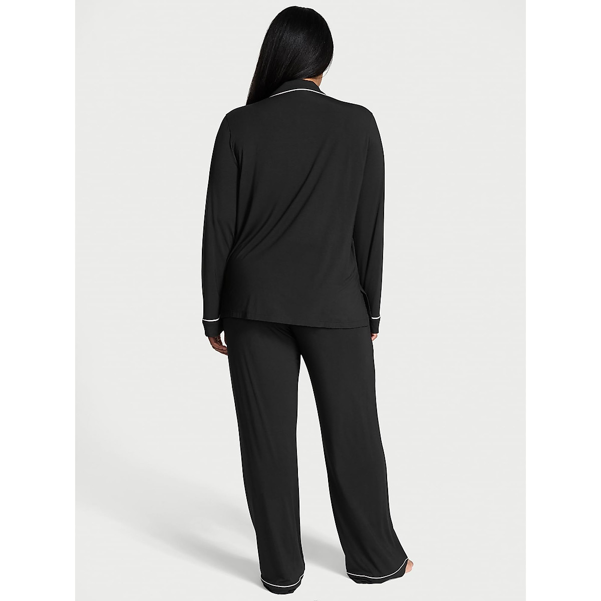 Victoria's Secret Modal Pajama Set, Long Sleeve Shirt and Pants, Pajamas for Women, Black W Angel Pink Piping, S