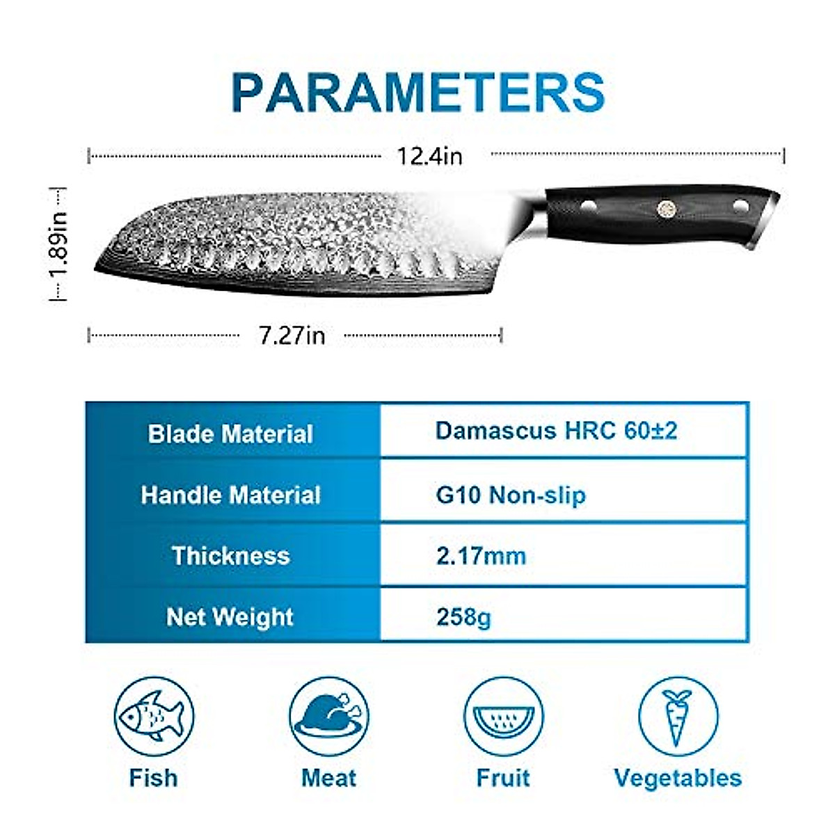 LEVINCHY Damascus Santoku Knife 7 inch Professional Japanese Damascus Stainless Steel with Black Premium G10 Handle, Superb Edge Retention, Stain & Corrosion Resistant Ergonomic