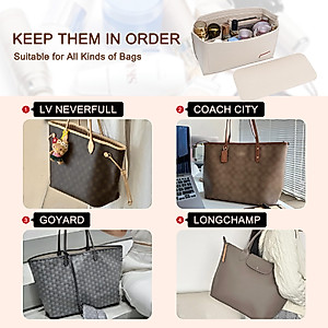 Doxo Purse Organizer Insert for Handbags & Base Shaper 2pc Set,Felt Le Pliage Large Tote,Bag Organizer with Zipper 3 Sizes,Compatible with Speedy Neverfull MM and More(Beige-L-Combination)
