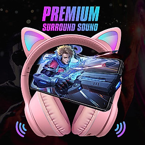 MIDOLA Gaming Wired AUX 3.5mm Cat Ear Headphone Over Ear LED Light Fit Adult & Kids Girl Boy Foldable Stereo Headset Earmuffs with Mic for PC PS4 Game Cellphone Laptop Pad Pink