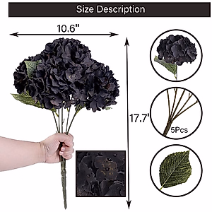 Yamuduo 5Heads Artificial Fake Flowers Plants Silk Hydrangea Arrangements Wedding Bouquets Decorations Plastic Floral Home Kitchen Garden Party Festival Bar DIY (Black)
