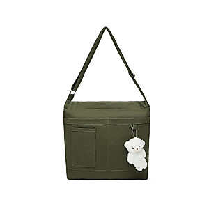 Covelin Womens Canvas Bag with Bear Pendant Crossbody Purse Top Zip Shoulder Handbag Army Green