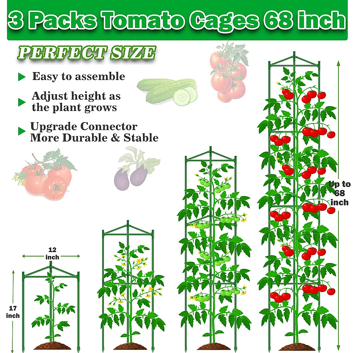 WYRJXYB Tomato Cages for Garden - Heavy Duty Steel Tomatoes Cage 3 Packs Tall Up to 68in & 164Ft Twist Tie -Tomato Plant Stakes Support Cages Trellis for Garden Pots Vegetable Climbing Plants Outdoor