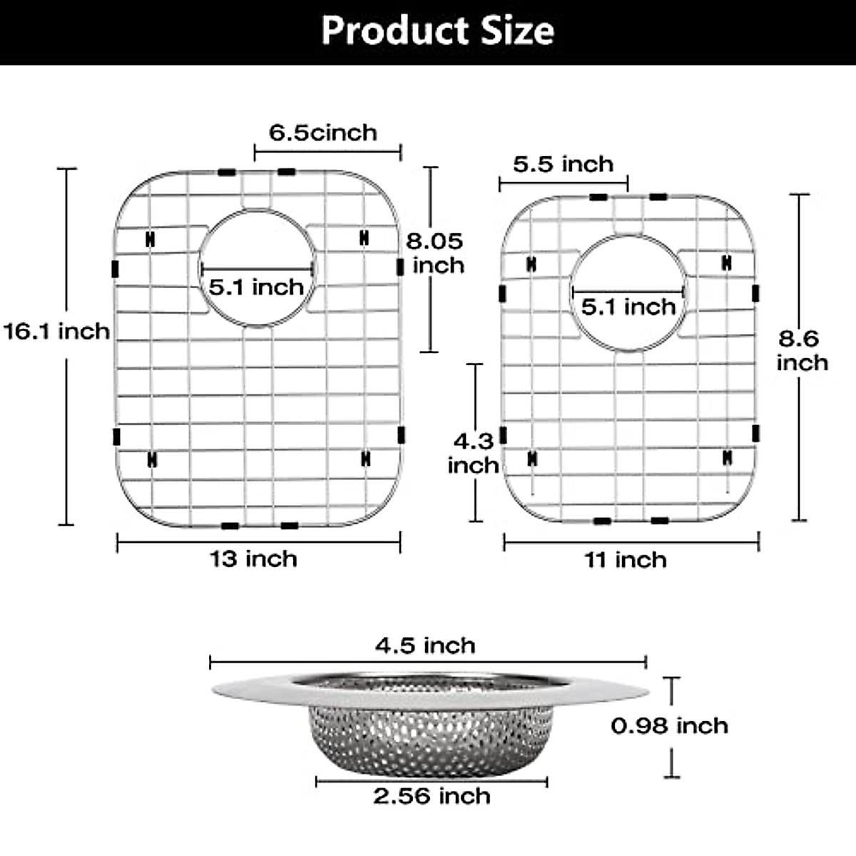 ARLBA 2Pack 304 Stainless Steel Sink Protector for Double Kitchen Sink Rear Drain,(13"x16"& 11.26"x14.5") Metal Sink Grid Sink Grate Sink Rack for Bottom of Kitchen Sink w/Sink Strainers Rubber feet
