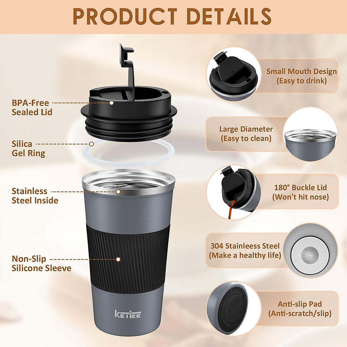 KETIEE Travel Coffee Mug Spill Proof 12oz, Insulated Coffee Mug to Go, Thermo Hot Coffee Tumbler, Reusable Coffee Cups with Seal Lid, Vacuum Stainless Steel Coffee Travel Mugs for Hot/Ice Coffee Tea