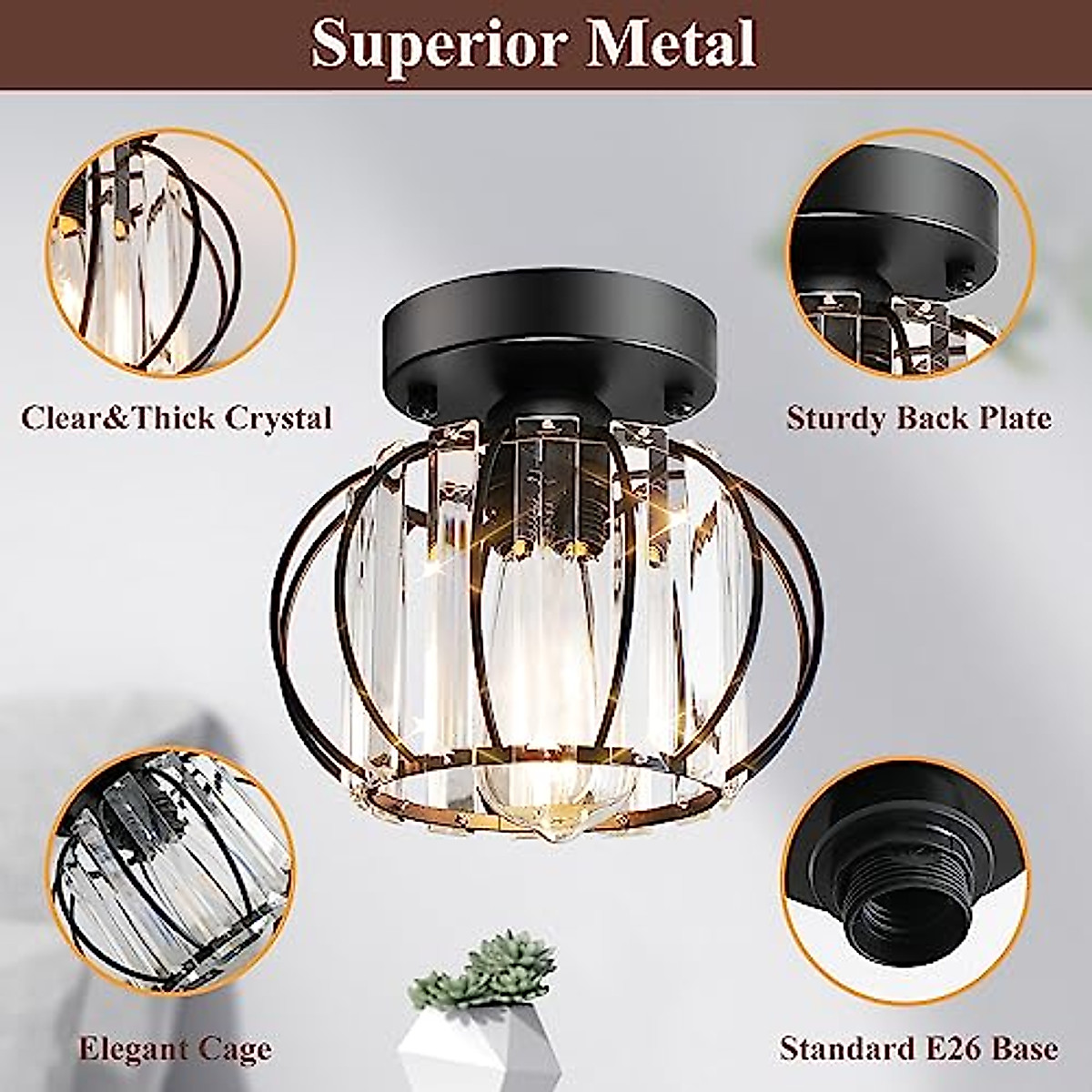 IBBIBABO 2-Pack Industrial Semi Flush Mount Ceiling Light Fixtures, Black Modern Crystal Ceiling Lights, Farmhouse Ceiling Lamps for Bedroom Living Room Hallway Entryway Kitchen Bathroom, E26 Socket