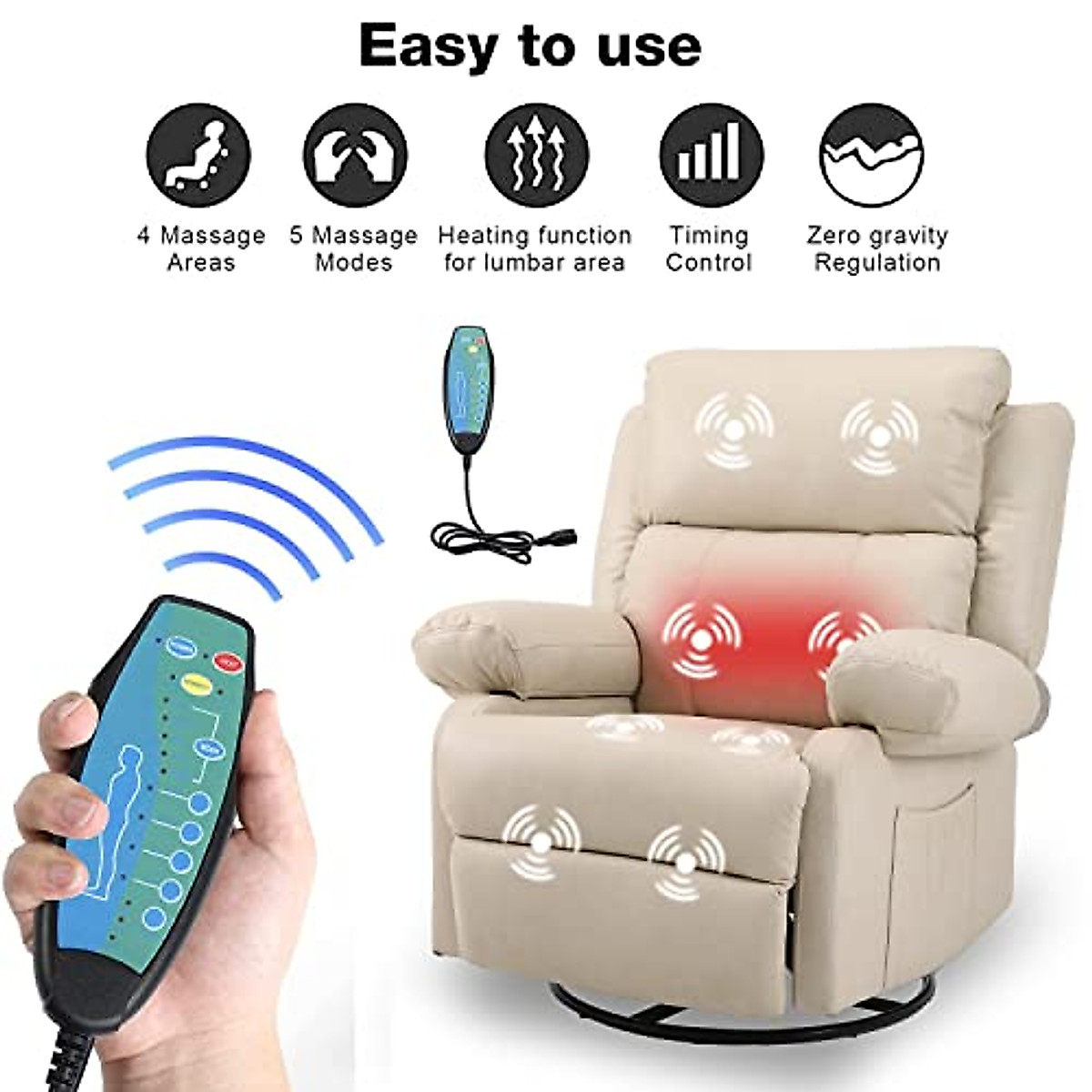 Kasorix Swivel Rocker Recliner Chairs, Nursery Glider Chair, Nursery Rocking Chairs, Faux Leather Overstuffed Manual Massage Recliners with Heat, Reclining Single Sofa (Beige)