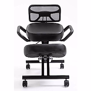 Beautiful Ergonomic Kneeling Chair with Thick Leather Cushions, Pneumatic Height Adjustment, Back Support, Side Handles, Back Pain Relief, Work from Home & Office, Black Stork [Updated August 2021]