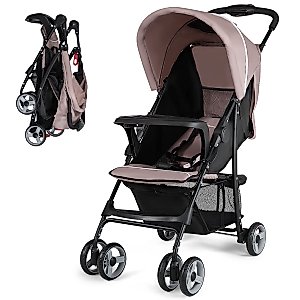 Baby Joy Lightweight Stroller, Compact Toddler Travel Stroller for Airplane, Infant Stroller w/Adjustable Backrest/Footrest/Canopy, 5-Point Harness, Storage Basket, Easy One-Hand Fold, Coffee