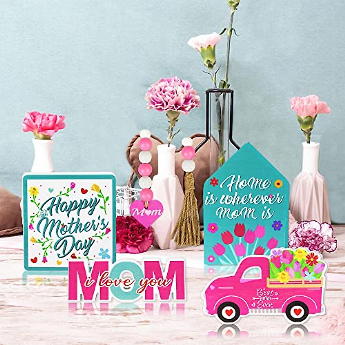 5 PCS Mother's Day Tiered Tray Decor (Tray Not Included) - Happy Mother's Day Mini Wood Sign, Wooden Heart Bead Garland - Mother's Day Party Decor, Mother’s Birthday Party Decorations