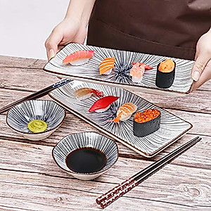 Relaxing Garden 6 piece sushi plate set, 10-inch ceramic rectangle sushi dishes, sushi serving set for 2, with 2 sushi plates 2 sauce bowls 2 pairs of chopsticks