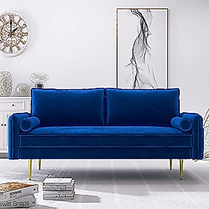 COULDWILL Velvet Small Sofa Mid-Century Modern Loveseat Couch with 2 Waist Pillows and Pockets, 71'' Comfy Sofa for Living Room and Studio, Blue