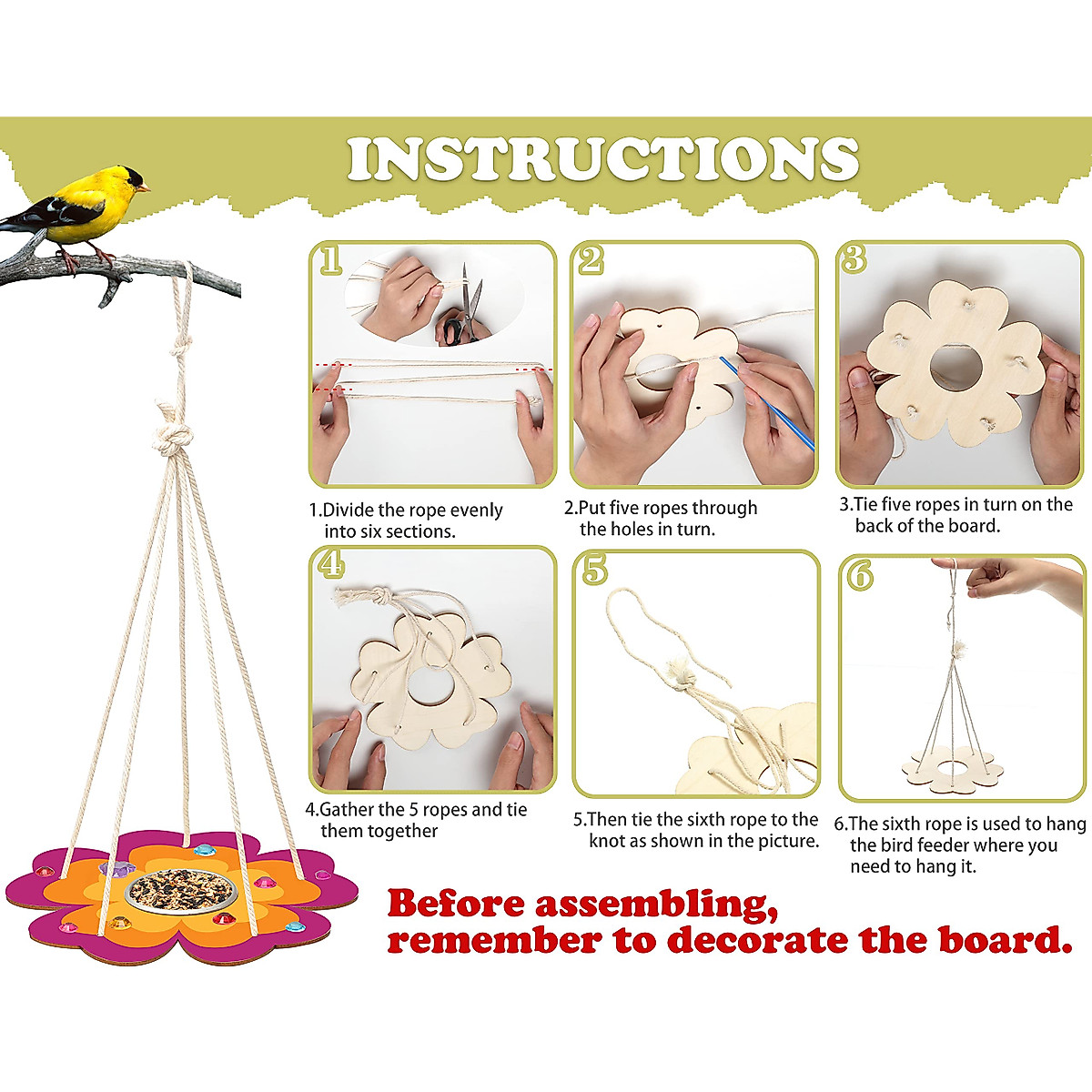 YOYOJOY 4 Pack Arts and Crafts Bird Feeders Kit for Kids, DIY Kids Crafts for Boys Girls Toddlers 3 4 6 8 12, Wooden Painting Craft Kits Outdoor Activities