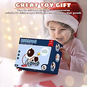 Toddler Pull Toy Walk-A-Long Bulldog Baby Toys Montessori Toys for Aged 2 3 4 5 Years Kid's Pet Puppy Toy with String Rubber Rimmed Wheels | Wearing a Bell | Walking Undulating | Wagging Tail Vivid