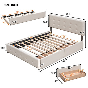 Harper & Bright Designs Upholstered Queen Size Platform Bed with 2 Storage Drawers and 1 Twin XL Trundle, Wood Queen Storage Bed with Linen Fabric for Bedroom Guestroom (Queen, Beige)