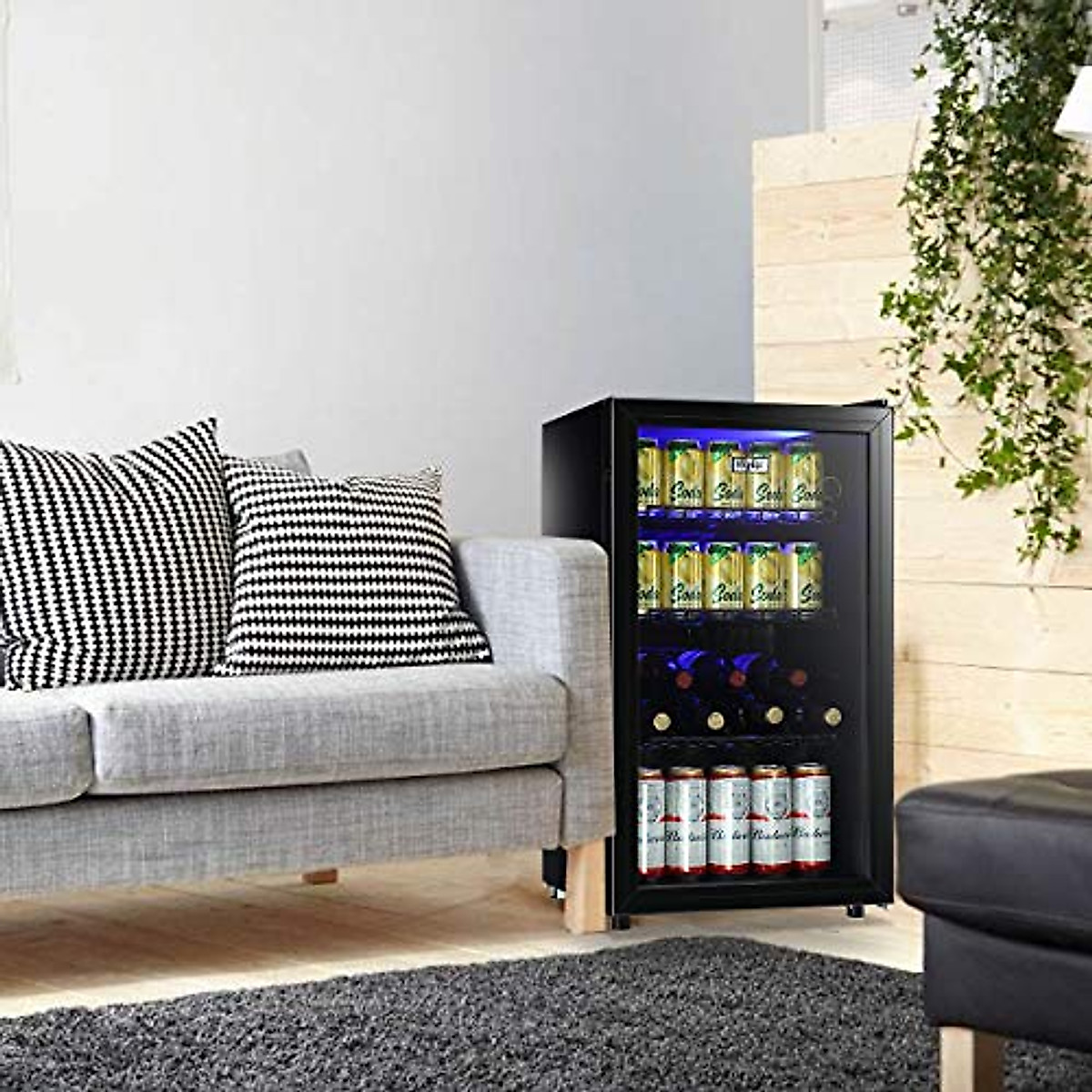 WANAI Beverage Refrigerator Cooler Fridge Glass Door 125Can Beer Fridge Beverage Cooler Drinks Wines Juice Soda Cooler Adjustable Shelves Blue LED Lights Temp Control for Home Office Dorm Bar 3.5 Cu. Ft